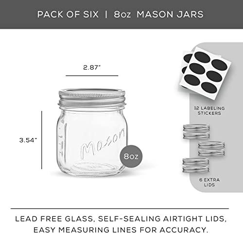 JoyJolt 8 Oz Mason Jars With Lids, Labels and Measures! 6-Pack Regular Mouth Mason Jars, Glass Jar with Lid and Band. Airtight Canning Jars, Overnight Oats Jars, Salad Jars, Sourdough Starter Jar