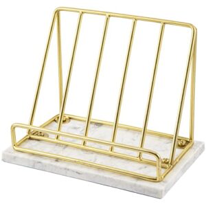 mygift modern brass metal wire and white marble kitchen cookbook stand - countertop recipe book and tablet holder - handcrafted in india