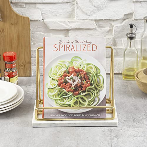 MyGift Modern Brass Metal Wire and White Marble Kitchen Cookbook Stand - Countertop Recipe Book and Tablet Holder - Handcrafted in India