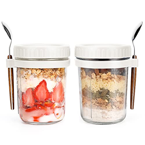 Overnight Oats Jars with Spoon and Lid 16 oz [2 Pack], Airtight Oatmeal Container with Measurement Marks, Mason Jars with Lid for Cereal On The Go Container (2pcs white)