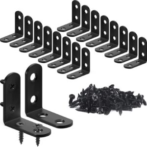 18pcs l bracket corner bracket, fatloda stainless steel l brackets for shelves, black small right angle bracket, metal corner brace for wood furniture cabinet chair with 72pcs screws (1.57x1.57 in)