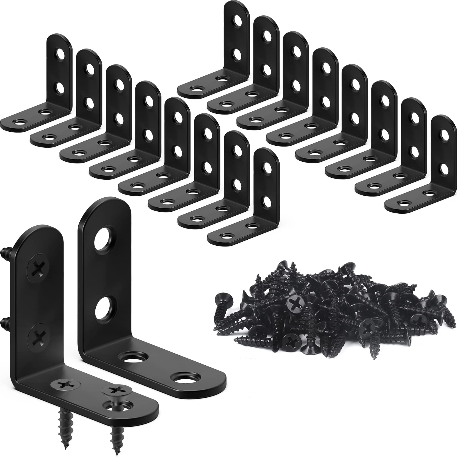 18PCS L Bracket Corner Bracket, FATLODA Stainless Steel L Brackets for Shelves, Black Small Right Angle Bracket, Metal Corner Brace for Wood Furniture Cabinet Chair with 72PCS Screws (1.57x1.57 in)