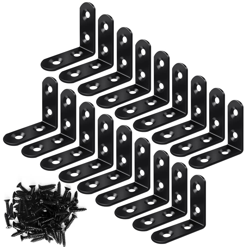 18PCS L Bracket Corner Bracket, FATLODA Stainless Steel L Brackets for Shelves, Black Small Right Angle Bracket, Metal Corner Brace for Wood Furniture Cabinet Chair with 72PCS Screws (1.57x1.57 in)