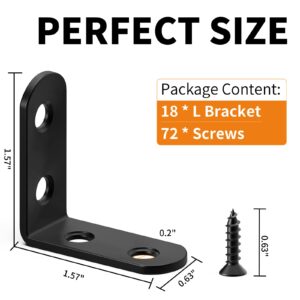 18PCS L Bracket Corner Bracket, FATLODA Stainless Steel L Brackets for Shelves, Black Small Right Angle Bracket, Metal Corner Brace for Wood Furniture Cabinet Chair with 72PCS Screws (1.57x1.57 in)