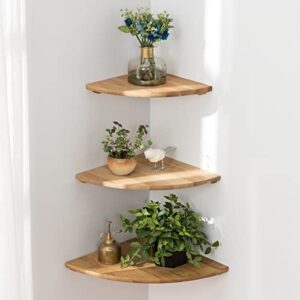 3pcs oak corner shelf wall mount set round end floating speaker shelf display shelf for small plant photo frame,storage for bedroom kitchen,living room,office