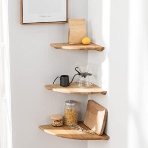 3pcs Oak Corner Shelf Wall Mount Set Round End Floating Speaker Shelf Display Shelf for Small Plant Photo Frame,Storage for Bedroom Kitchen,Living Room,Office