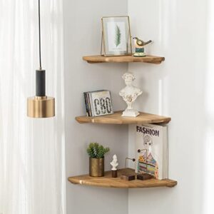 3pcs Oak Corner Shelf Wall Mount Set Round End Floating Speaker Shelf Display Shelf for Small Plant Photo Frame,Storage for Bedroom Kitchen,Living Room,Office