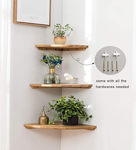 3pcs Oak Corner Shelf Wall Mount Set Round End Floating Speaker Shelf Display Shelf for Small Plant Photo Frame,Storage for Bedroom Kitchen,Living Room,Office