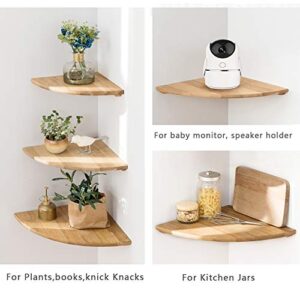 3pcs Oak Corner Shelf Wall Mount Set Round End Floating Speaker Shelf Display Shelf for Small Plant Photo Frame,Storage for Bedroom Kitchen,Living Room,Office