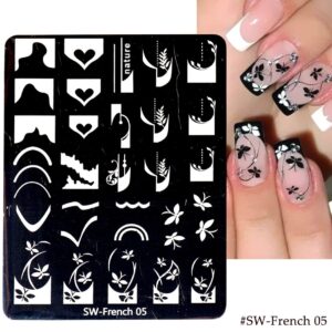 7 Sheets French Line Nails Art Stamping Plate Geometrical Wave Line Drawing Templates Flower Love Lace Stamp Mold Manicure Valentine's Day Design Decoration Nails Gel Printing Charm for Stencils Tools