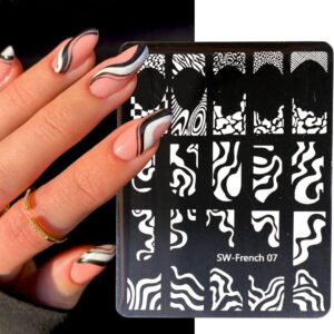 7 Sheets French Line Nails Art Stamping Plate Geometrical Wave Line Drawing Templates Flower Love Lace Stamp Mold Manicure Valentine's Day Design Decoration Nails Gel Printing Charm for Stencils Tools