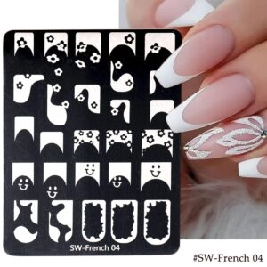 7 Sheets French Line Nails Art Stamping Plate Geometrical Wave Line Drawing Templates Flower Love Lace Stamp Mold Manicure Valentine's Day Design Decoration Nails Gel Printing Charm for Stencils Tools