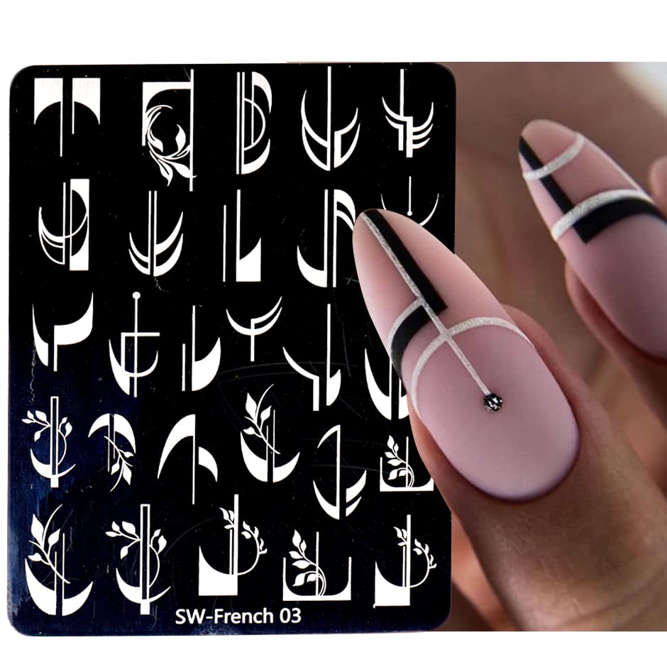 7 Sheets French Line Nails Art Stamping Plate Geometrical Wave Line Drawing Templates Flower Love Lace Stamp Mold Manicure Valentine's Day Design Decoration Nails Gel Printing Charm for Stencils Tools