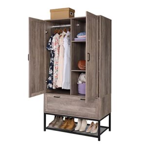 Karl home Armoire Wardrobe Closet, Freestanding Clothing Armoire with 2 Hanging Rods Doors Adjustable Shelves 1 Large Drawer Open Compartment, Wooden Retro Grey Clothes Cabinet for Bedroom Storage