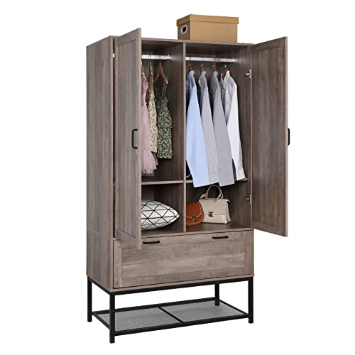 Karl home Armoire Wardrobe Closet, Freestanding Clothing Armoire with 2 Hanging Rods Doors Adjustable Shelves 1 Large Drawer Open Compartment, Wooden Retro Grey Clothes Cabinet for Bedroom Storage