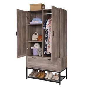 Karl home Armoire Wardrobe Closet, Freestanding Clothing Armoire with 2 Hanging Rods Doors Adjustable Shelves 1 Large Drawer Open Compartment, Wooden Retro Grey Clothes Cabinet for Bedroom Storage