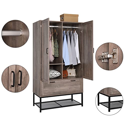 Karl home Armoire Wardrobe Closet, Freestanding Clothing Armoire with 2 Hanging Rods Doors Adjustable Shelves 1 Large Drawer Open Compartment, Wooden Retro Grey Clothes Cabinet for Bedroom Storage