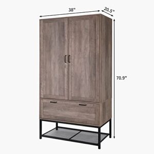 Karl home Armoire Wardrobe Closet, Freestanding Clothing Armoire with 2 Hanging Rods Doors Adjustable Shelves 1 Large Drawer Open Compartment, Wooden Retro Grey Clothes Cabinet for Bedroom Storage