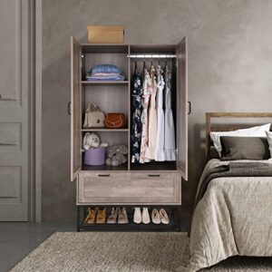 Karl home Armoire Wardrobe Closet, Freestanding Clothing Armoire with 2 Hanging Rods Doors Adjustable Shelves 1 Large Drawer Open Compartment, Wooden Retro Grey Clothes Cabinet for Bedroom Storage