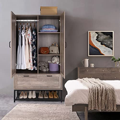 Karl home Armoire Wardrobe Closet, Freestanding Clothing Armoire with 2 Hanging Rods Doors Adjustable Shelves 1 Large Drawer Open Compartment, Wooden Retro Grey Clothes Cabinet for Bedroom Storage