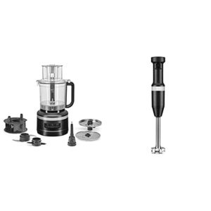 kitchenaid 13-cup food processor, black matte & khbv53bm variable speed corded hand blender, black matte, 8 in