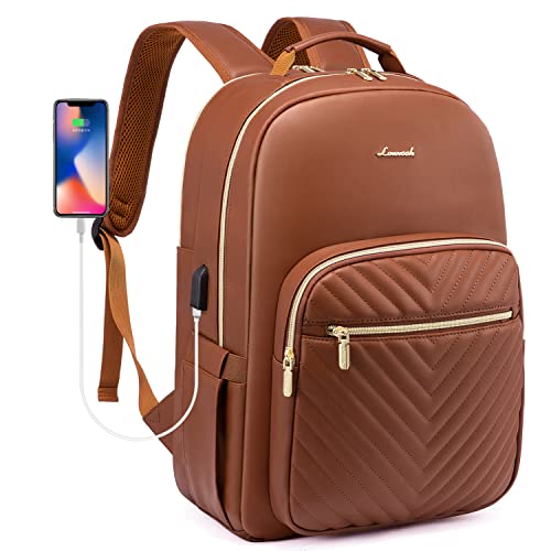 LOVEVOOK Laptop Backpack for Women, Faux PU Leather Quilted Backpack Purse, Business Computer Travel Work Bags, Nurse Backpack for Work, Fits 15.6-Inch Laptop, Brown