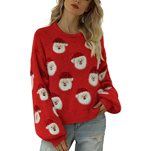 iLH Christmas Sweater for Women Cute Merry Xmas Santa Claus Holiday Cozy Knit Pullover Crewneck Sweatshirts Tops