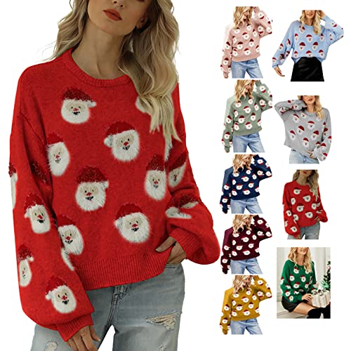 iLH Christmas Sweater for Women Cute Merry Xmas Santa Claus Holiday Cozy Knit Pullover Crewneck Sweatshirts Tops