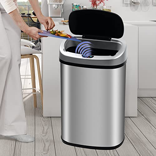 13 Gallon Stainless Steel Trash Can, Automatic Motion Sensor, Large Metal Electric Touchless Tall Trash Bin with Lid, Smart Garbage Cans for Kitchen Room Office