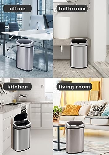 13 Gallon Stainless Steel Trash Can, Automatic Motion Sensor, Large Metal Electric Touchless Tall Trash Bin with Lid, Smart Garbage Cans for Kitchen Room Office