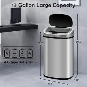 13 Gallon Stainless Steel Trash Can, Automatic Motion Sensor, Large Metal Electric Touchless Tall Trash Bin with Lid, Smart Garbage Cans for Kitchen Room Office