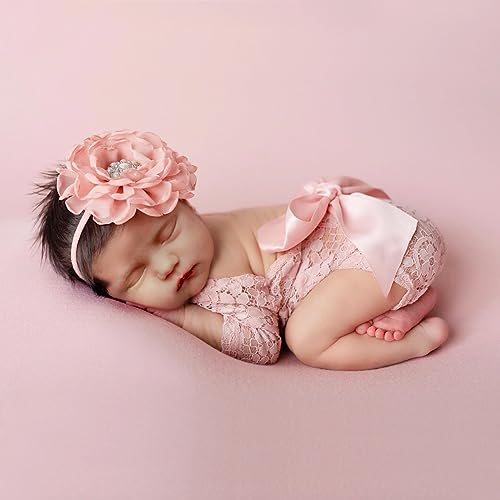 Baby Photography Props Outfit Lace Rompers Newborn Girl Photo Shoot Outfits Flower Headband Princess Costume (Snow bud color)