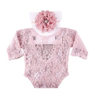 Baby Photography Props Outfit Lace Rompers Newborn Girl Photo Shoot Outfits Flower Headband Princess Costume (Snow bud color)