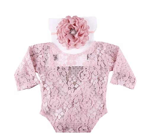 Baby Photography Props Outfit Lace Rompers Newborn Girl Photo Shoot Outfits Flower Headband Princess Costume (Snow bud color)