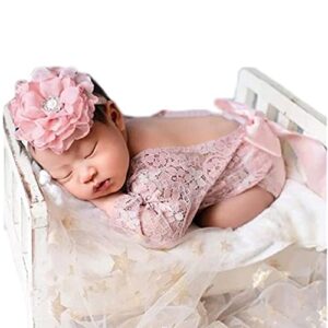 Baby Photography Props Outfit Lace Rompers Newborn Girl Photo Shoot Outfits Flower Headband Princess Costume (Snow bud color)