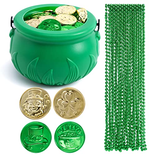 JOYIN 119 PCS St Patrick's Party Supplies Set with 1 Green Cauldron, 100 St Patrick’s Day Lucky Leprechaun Shamrock Plastic Coins and 18 Bead Necklaces for Saint Patricks Pot of Gold Party Supplies