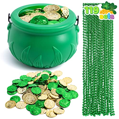 JOYIN 119 PCS St Patrick's Party Supplies Set with 1 Green Cauldron, 100 St Patrick’s Day Lucky Leprechaun Shamrock Plastic Coins and 18 Bead Necklaces for Saint Patricks Pot of Gold Party Supplies