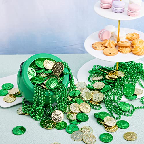 JOYIN 119 PCS St Patrick's Party Supplies Set with 1 Green Cauldron, 100 St Patrick’s Day Lucky Leprechaun Shamrock Plastic Coins and 18 Bead Necklaces for Saint Patricks Pot of Gold Party Supplies