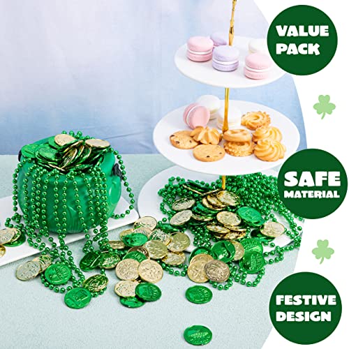 JOYIN 119 PCS St Patrick's Party Supplies Set with 1 Green Cauldron, 100 St Patrick’s Day Lucky Leprechaun Shamrock Plastic Coins and 18 Bead Necklaces for Saint Patricks Pot of Gold Party Supplies