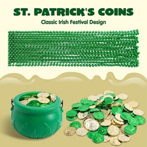 JOYIN 119 PCS St Patrick's Party Supplies Set with 1 Green Cauldron, 100 St Patrick’s Day Lucky Leprechaun Shamrock Plastic Coins and 18 Bead Necklaces for Saint Patricks Pot of Gold Party Supplies