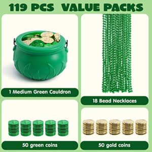 JOYIN 119 PCS St Patrick's Party Supplies Set with 1 Green Cauldron, 100 St Patrick’s Day Lucky Leprechaun Shamrock Plastic Coins and 18 Bead Necklaces for Saint Patricks Pot of Gold Party Supplies