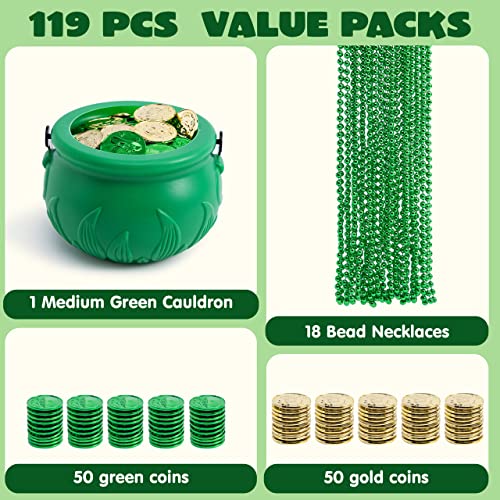 JOYIN 119 PCS St Patrick's Party Supplies Set with 1 Green Cauldron, 100 St Patrick’s Day Lucky Leprechaun Shamrock Plastic Coins and 18 Bead Necklaces for Saint Patricks Pot of Gold Party Supplies