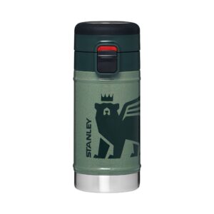 stanley flowsteady bear cub bottle, 12oz, stainless steel insulated water bottle for kids (8 and above) with 3 interchangeable metal badges, hammertone green