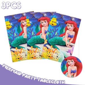 YUNKELIU 3 Pieces Little Mermaid Birthday Party Tablecloths, Ariel Princess Themed Table Cover Plastic Rectangle Table Cover for Girls and Boys Baby Shower Birthday Ocean Party Supplies