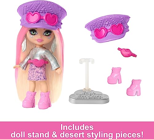 Barbie Extra Mini Minis Travel Doll with Metallic Desert Fashion and Festival Accessories, Barbie Extra Fly Small Doll