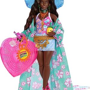 Barbie Extra Fly Doll with Beach-Themed Travel Clothes & Accessories, Tropical Coverup with Oversized Hat & Bag