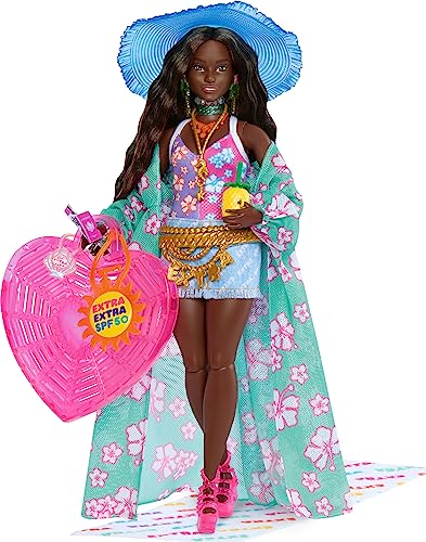 Barbie Extra Fly Doll with Beach-Themed Travel Clothes & Accessories, Tropical Coverup with Oversized Hat & Bag