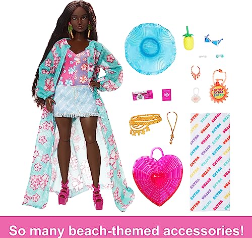 Barbie Extra Fly Doll with Beach-Themed Travel Clothes & Accessories, Tropical Coverup with Oversized Hat & Bag