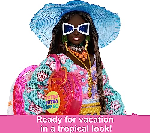 Barbie Extra Fly Doll with Beach-Themed Travel Clothes & Accessories, Tropical Coverup with Oversized Hat & Bag