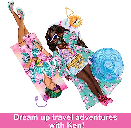 Barbie Extra Fly Doll with Beach-Themed Travel Clothes & Accessories, Tropical Coverup with Oversized Hat & Bag